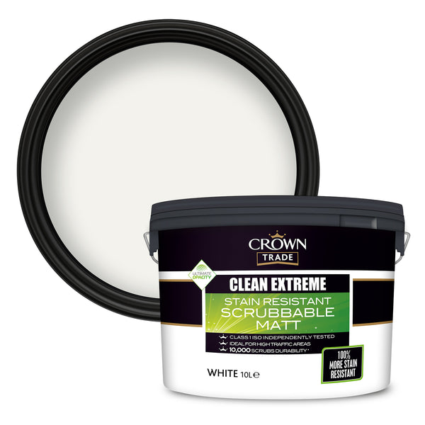 Crown Trade Clean Extreme Stain Resistant Matt Paint White 10 Litre ...